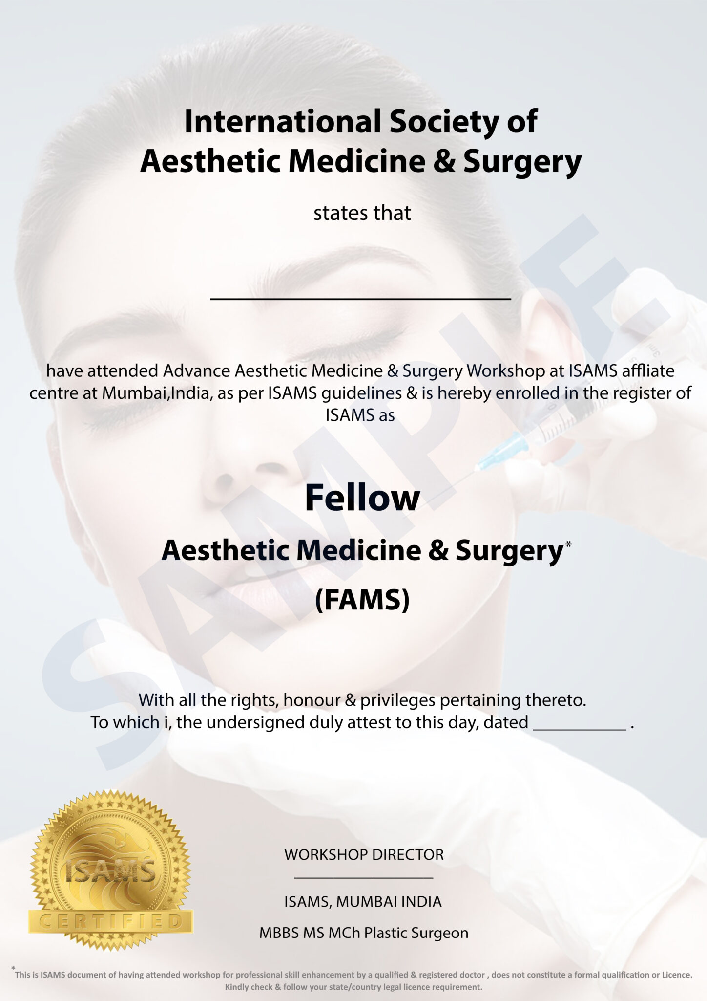 Sample Certificate – Internation Society of Aesthetic Medicine and Surgery